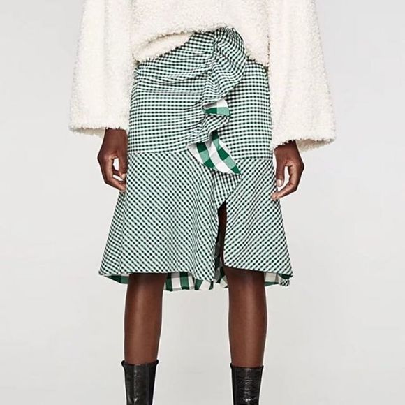 Zara | Skirts | Zara Trafaluc Green Plaid Ruffled Checkered Midi Skirt ...